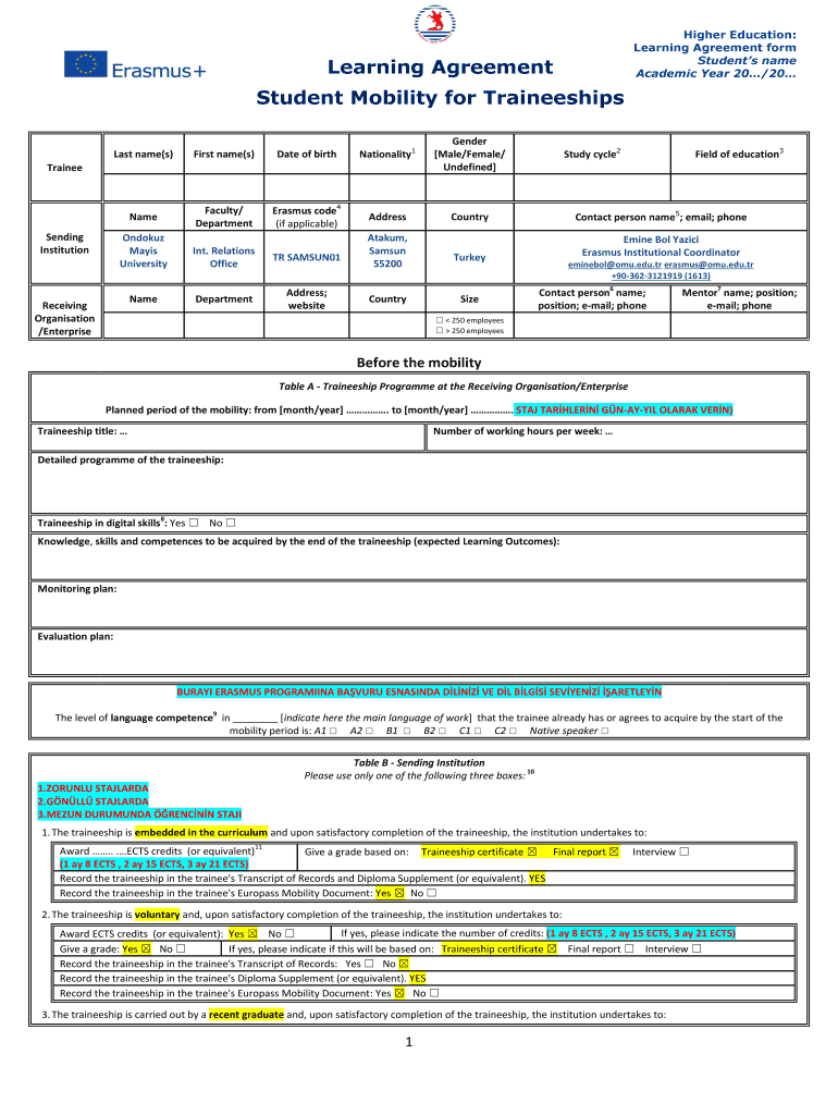 Fillable Online Higher Education: Learning Agreement form Learning ...