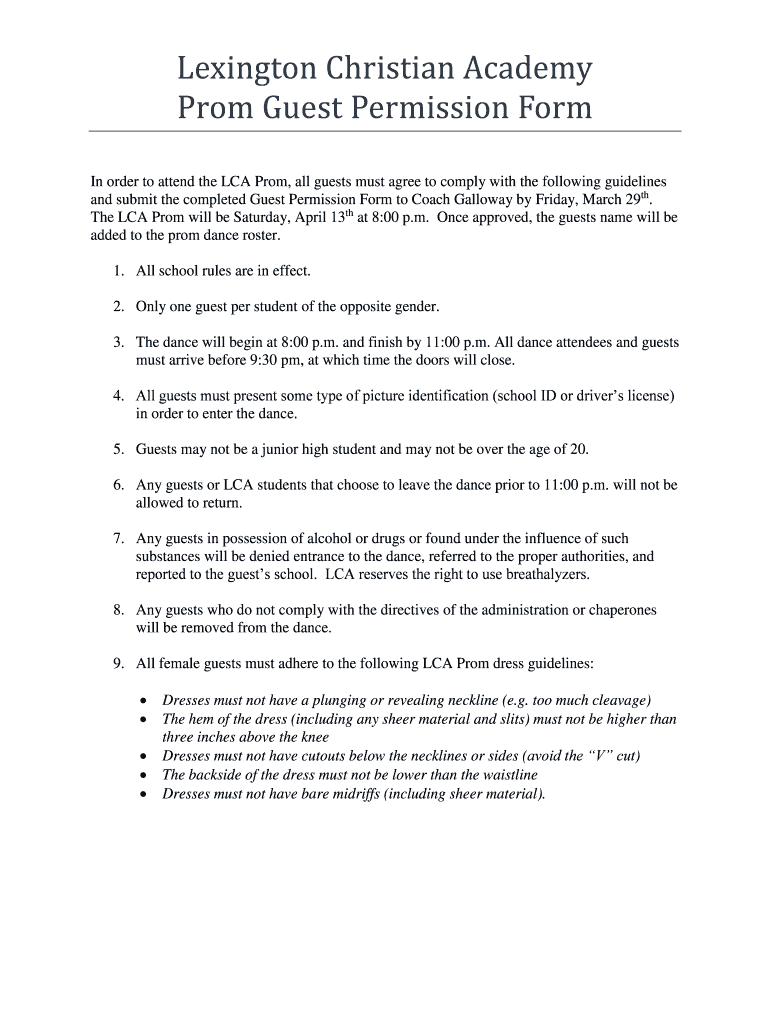 Fillable Online Lexington Christian Academy Prom Guest Permission Form ...