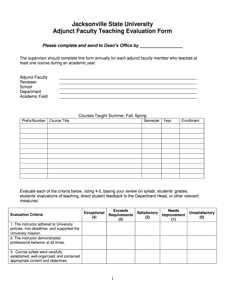 Fillable Online Jacksonville State University Adjunct Faculty Teaching ...