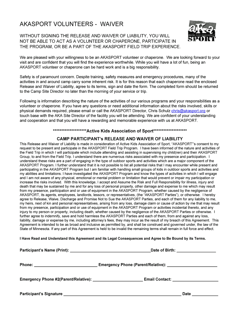 Fillable Online Volunteer Waiver and Release of Liability - United Way ...