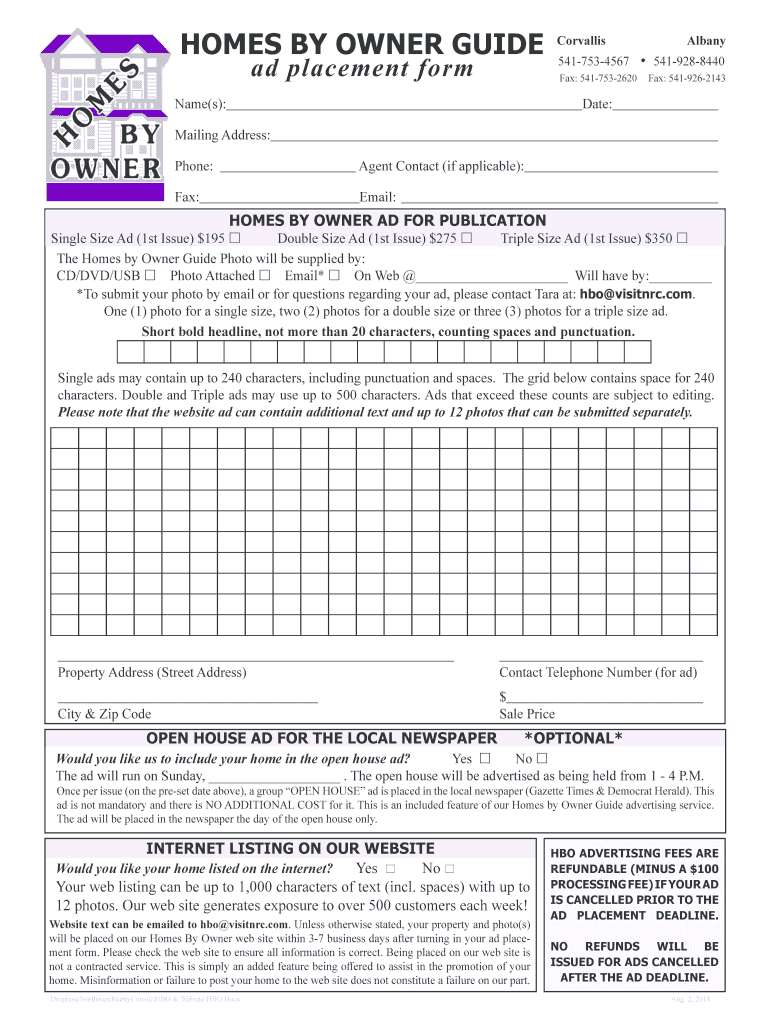 Fillable Online HOMES BY OWNER GUIDE ad placement form - visitnrc.com ...