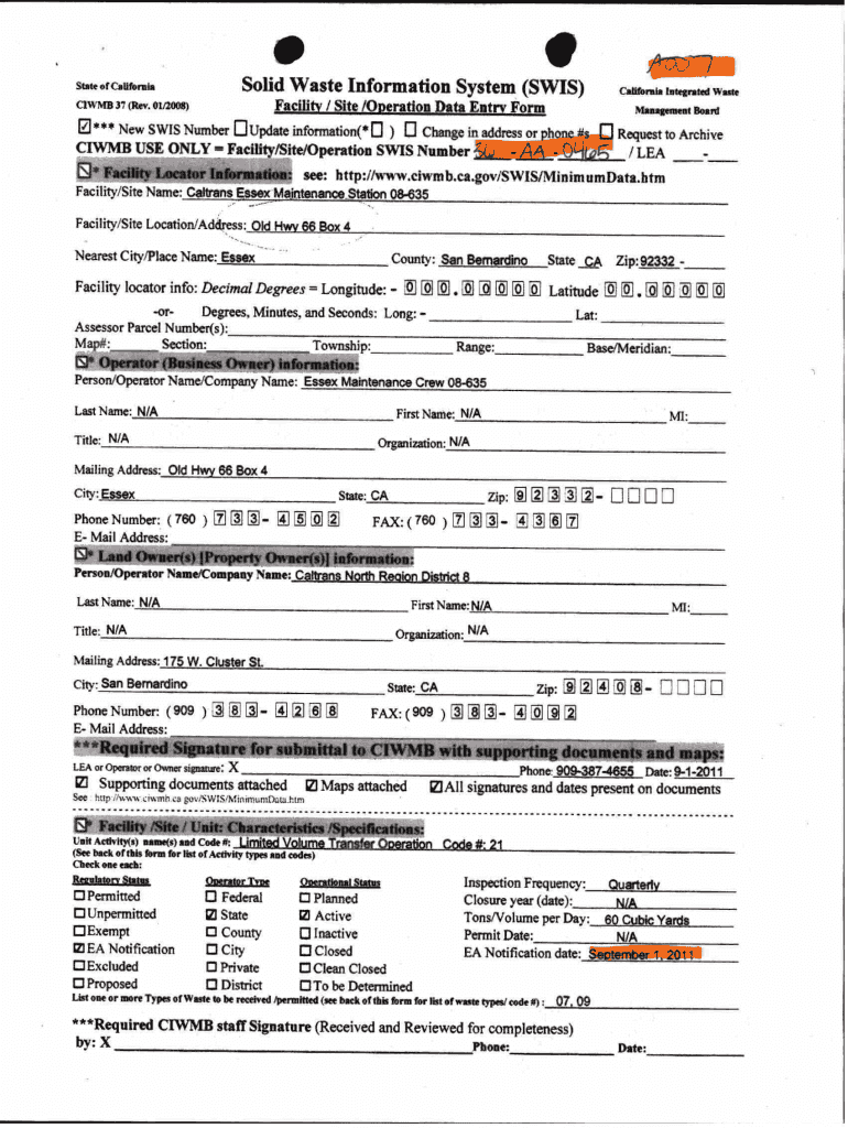 Fillable Online www2 calrecycle ca Facility/Site/Operation (New) (9/1/2011) - Caltrans Essex ...