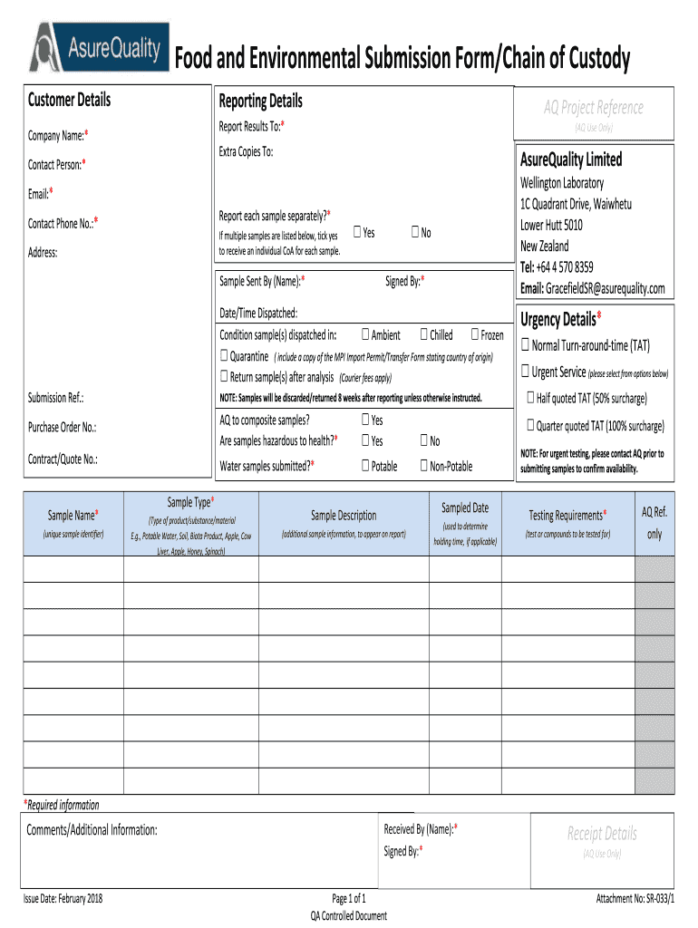 Fillable Online Food and Environmental Submission Form/Chain of Custody ...