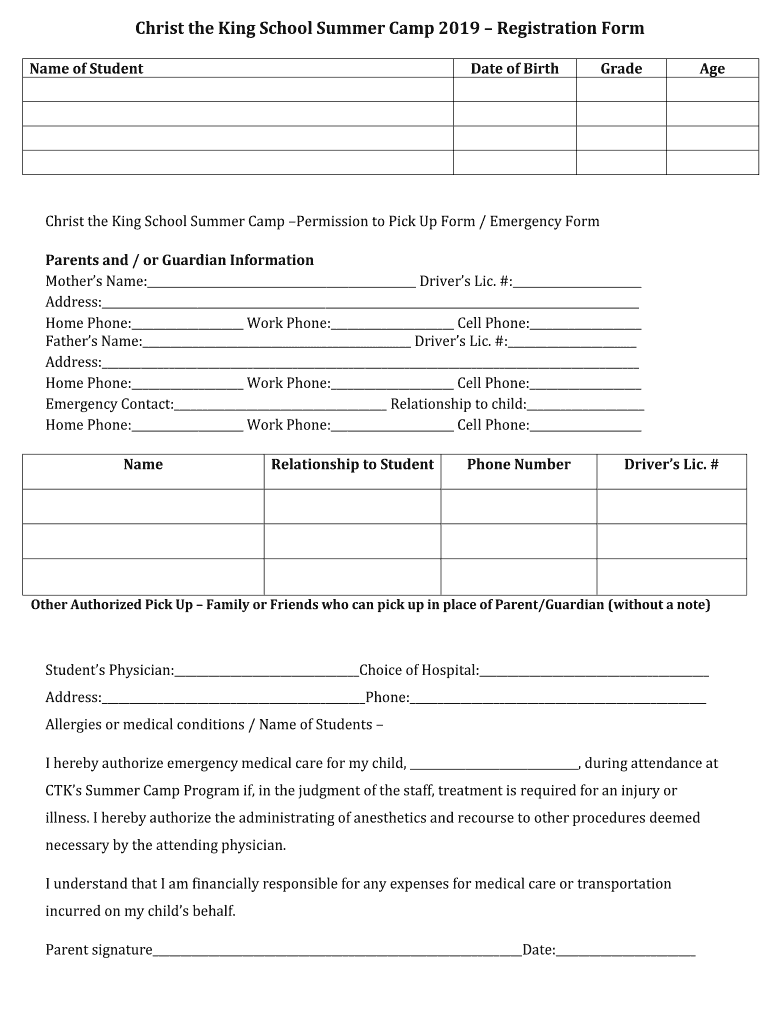 Fillable Online Christ the King School Summer Camp 2019 Registration ...