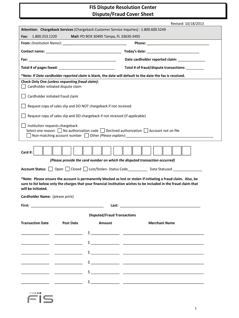 Fillable Online FIS Dispute Resolution Center Dispute/Fraud Cover Sheet ...