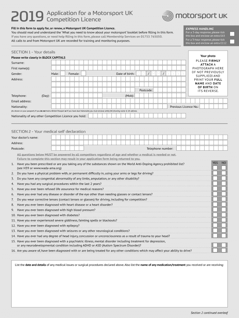 Fillable Online 2019 Competition Licence Application Form - Motorsport ...