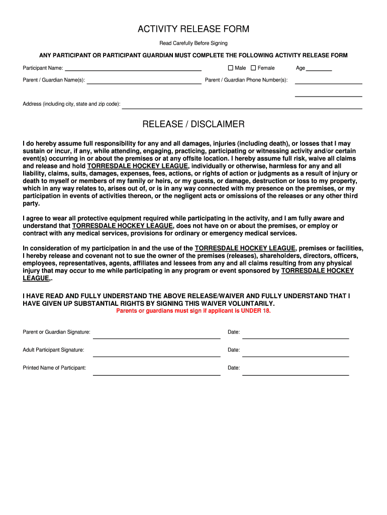 Fillable Online activity release form release / disclaimer - Sun Devil ...