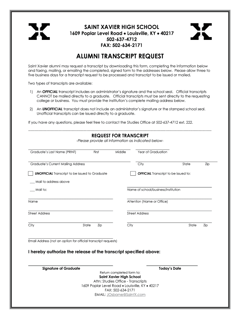 Fillable Online Fillable Online Transcript Request Form - Saint Xavier High School ... Fax Email ...
