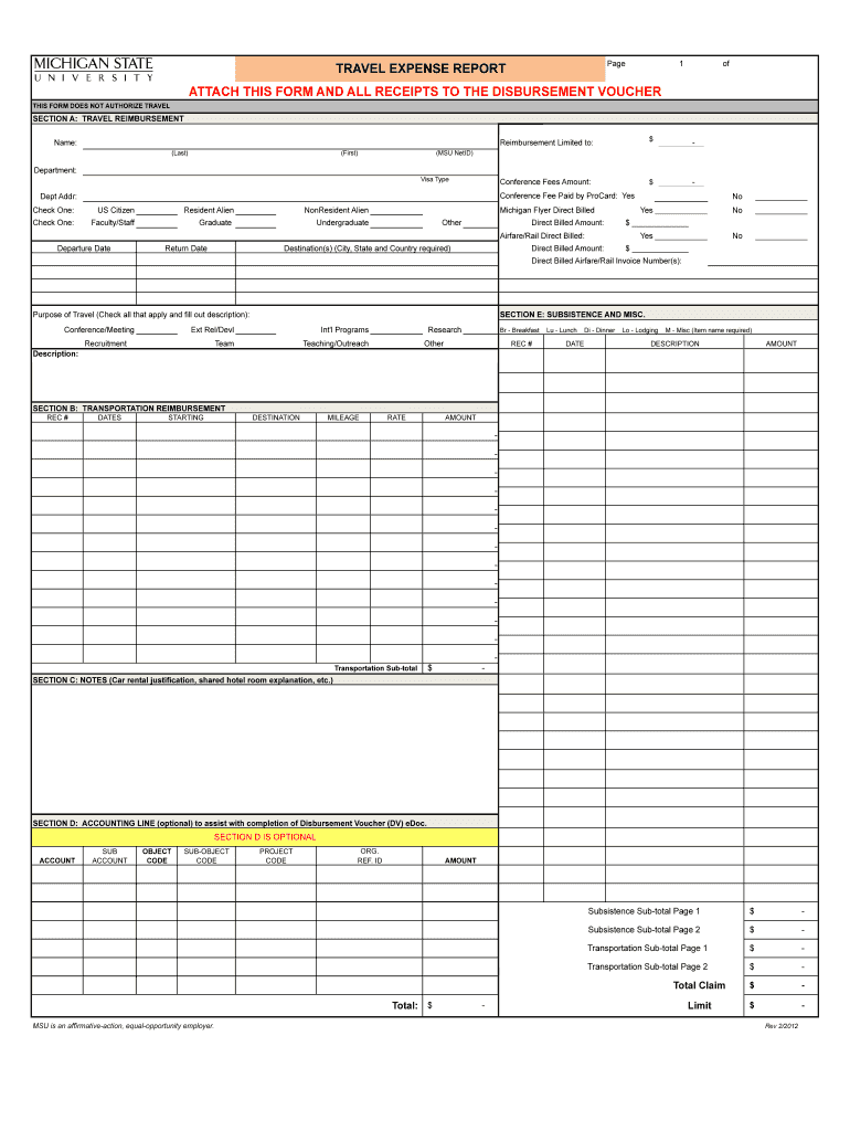 Fillable Online ATTACH THIS FORM AND ALL RECEIPTS TO THE DISBURSEMENT ...