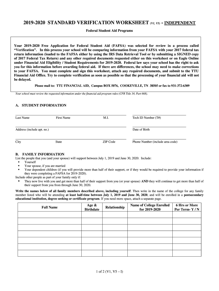 Fillable Online 2019-2020 STANDARD VERIFICATION WORKSHEET (V1, V5 ...