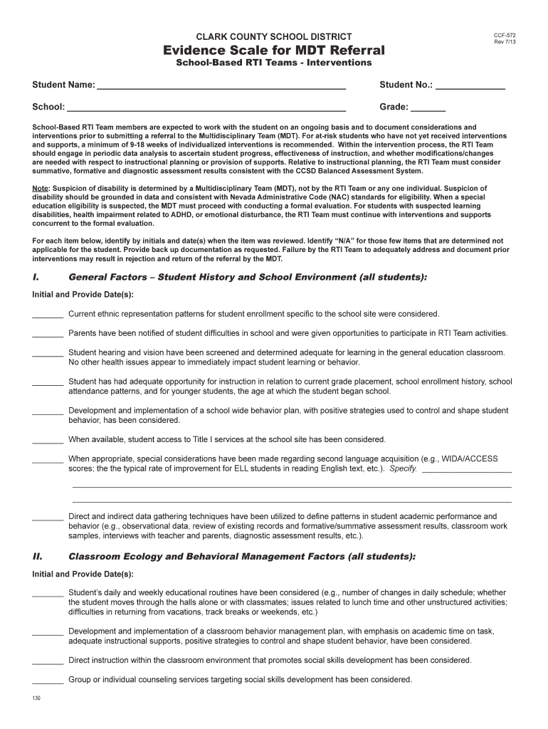 Fillable Online CLARK COUNTY SCHOOL DISTRICT Evidence Scale for MDT ...