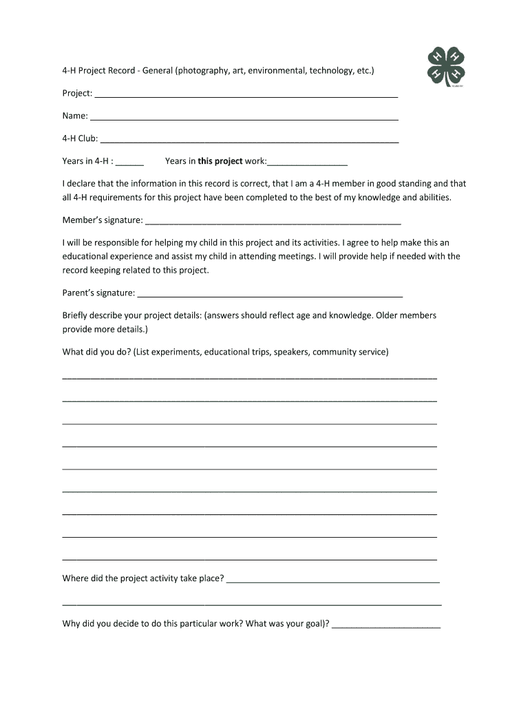 Fillable Online 4-H Activity Sheet 4-H Year:Name: 4-H Age: Fax Email ...