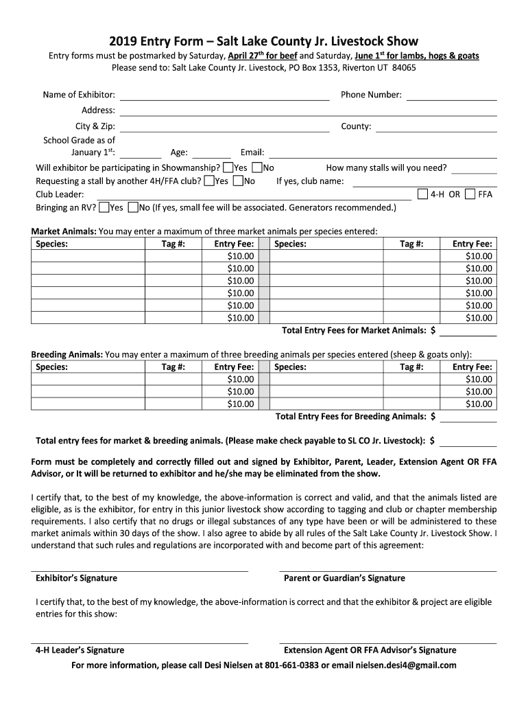 Fillable Online 2019 Entry FormSalt Lake County Jr. Livestock Show Fax ...