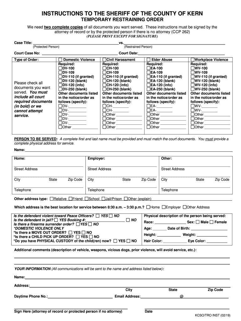 Fillable Online Domestic Violence and Restraining Orders - Superior Court of Kern ... Fax Email ...