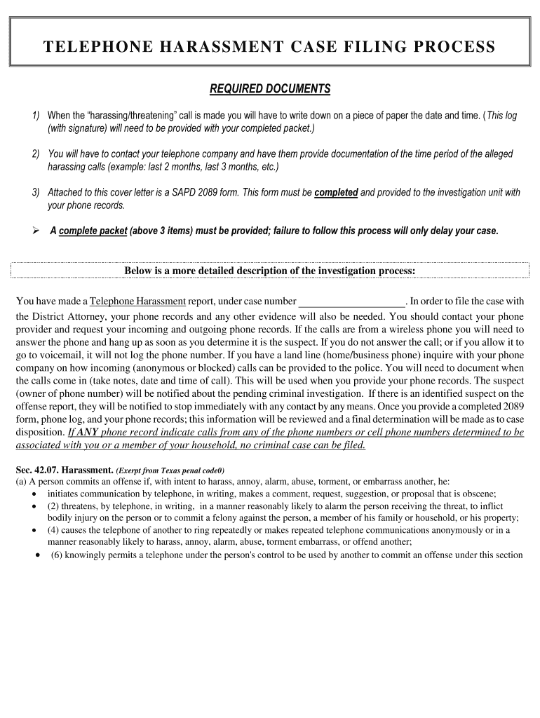 Fillable Online TELEPHONE HARASSMENT CASE FILING PROCESS Fax Email ...