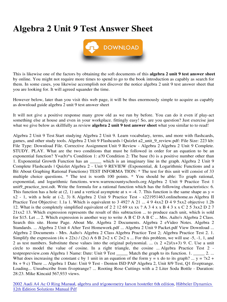 Fillable Online Algebra 2 Unit 9 Test Answer Sheet Fax Email Print ...