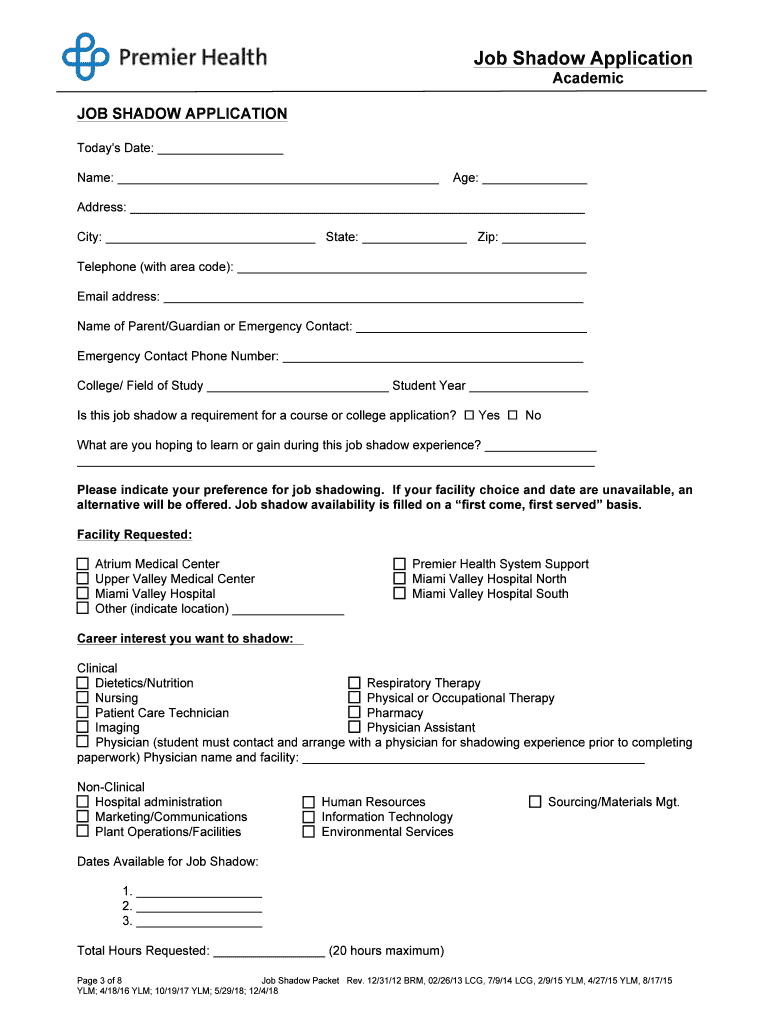 Fillable Online Premier Health Job Shadow Orientation Brochure Fax ...