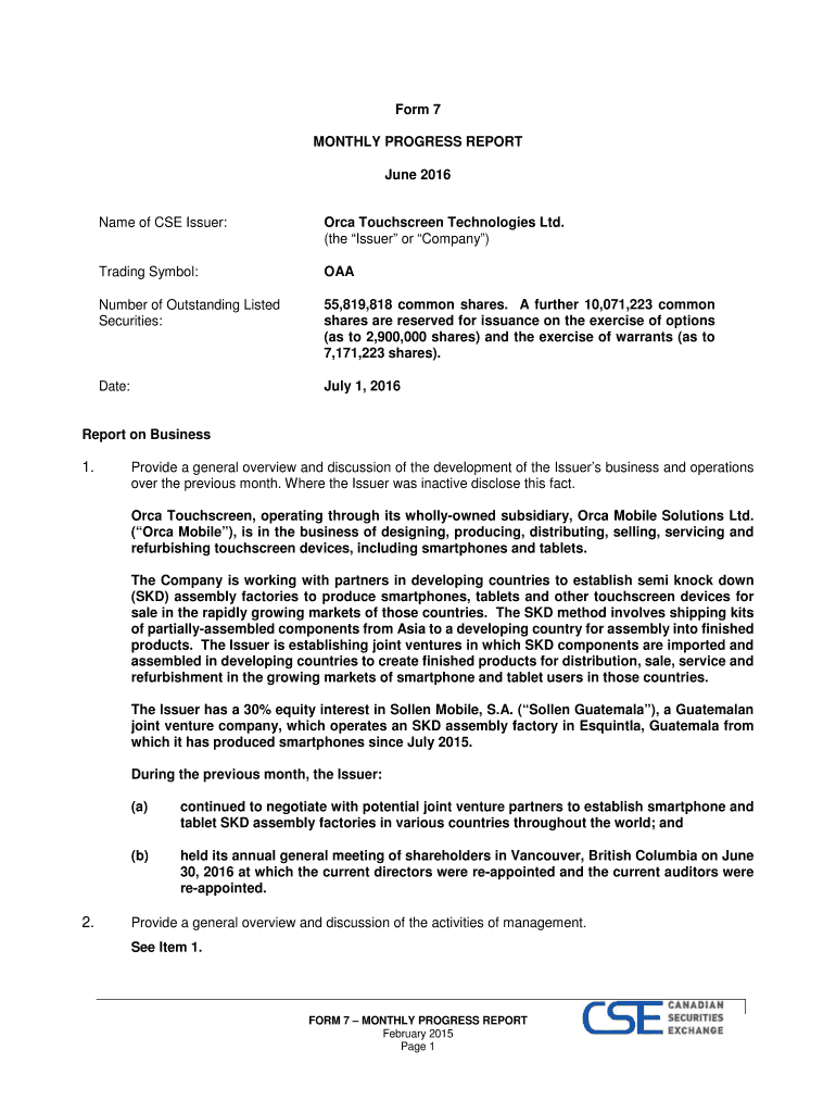 Fillable Online Orca Touchscreen Enters Into Definitive Agreement With ...