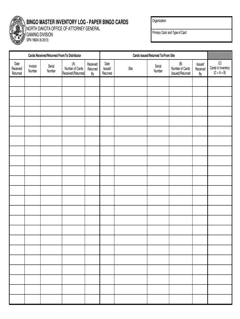 Fillable Online bingo site inventory log - paper bingo cards - Attorney ...