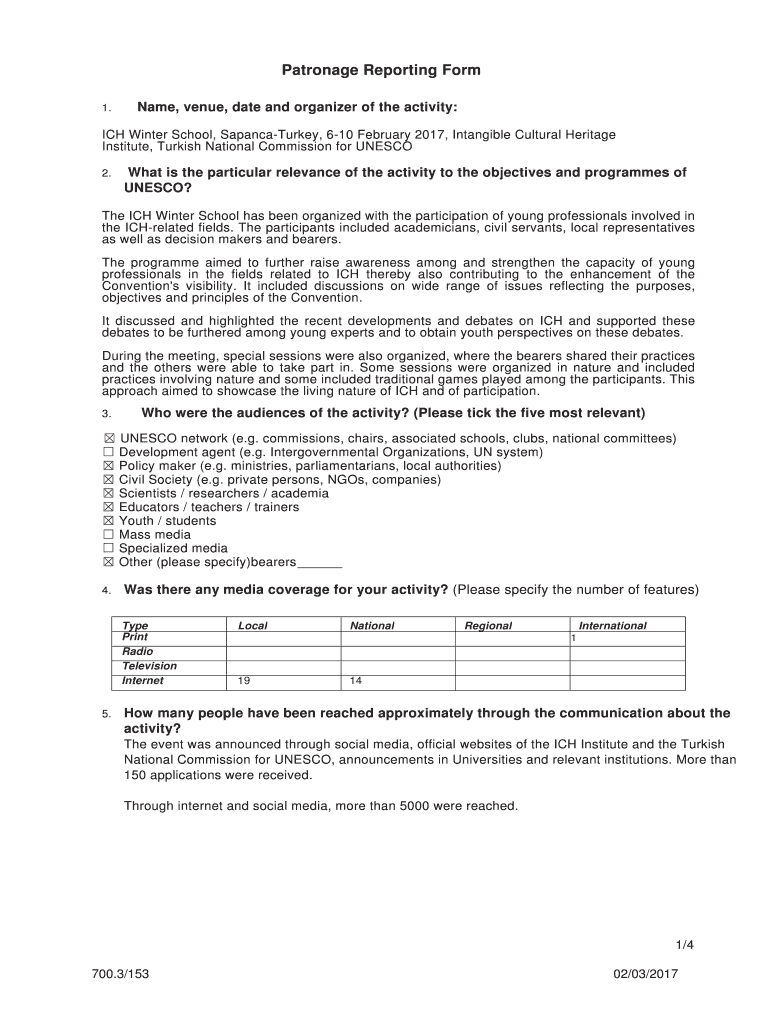 Fillable Online Patronage Reporting Form - Intangible Cultural Heritage - Unesco Fax Email Print ...