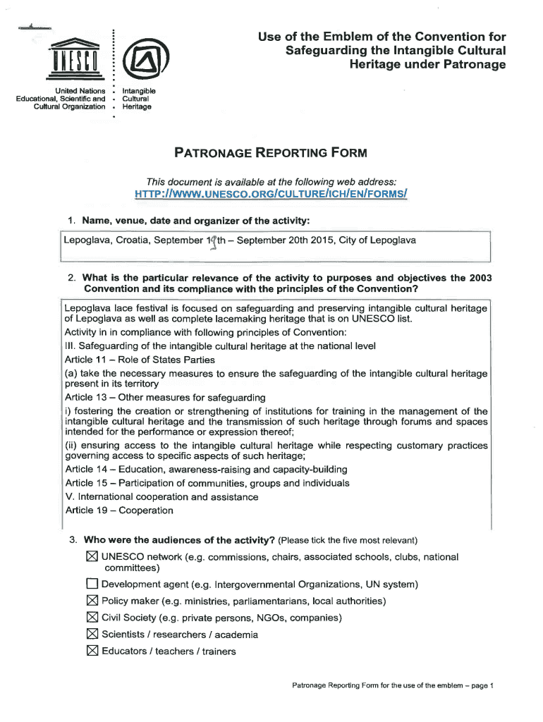 Fillable Online PATRONAGE REPORTING FORM - UNESCO Fax Email Print - pdfFiller