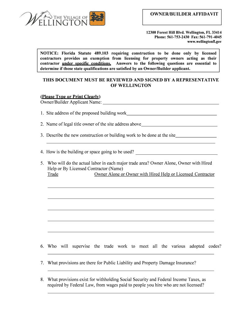 Fillable Online owner/builder affidavit form - Village of Wellington ...
