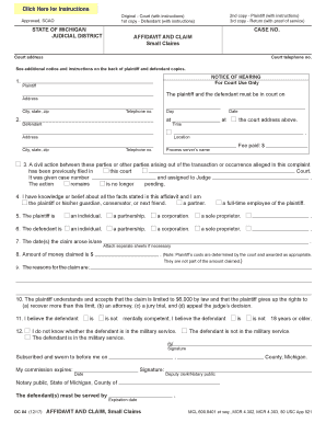 Fillable Online courts michigan AFFIDAVIT AND CLAIM, Small Claims 1 ...