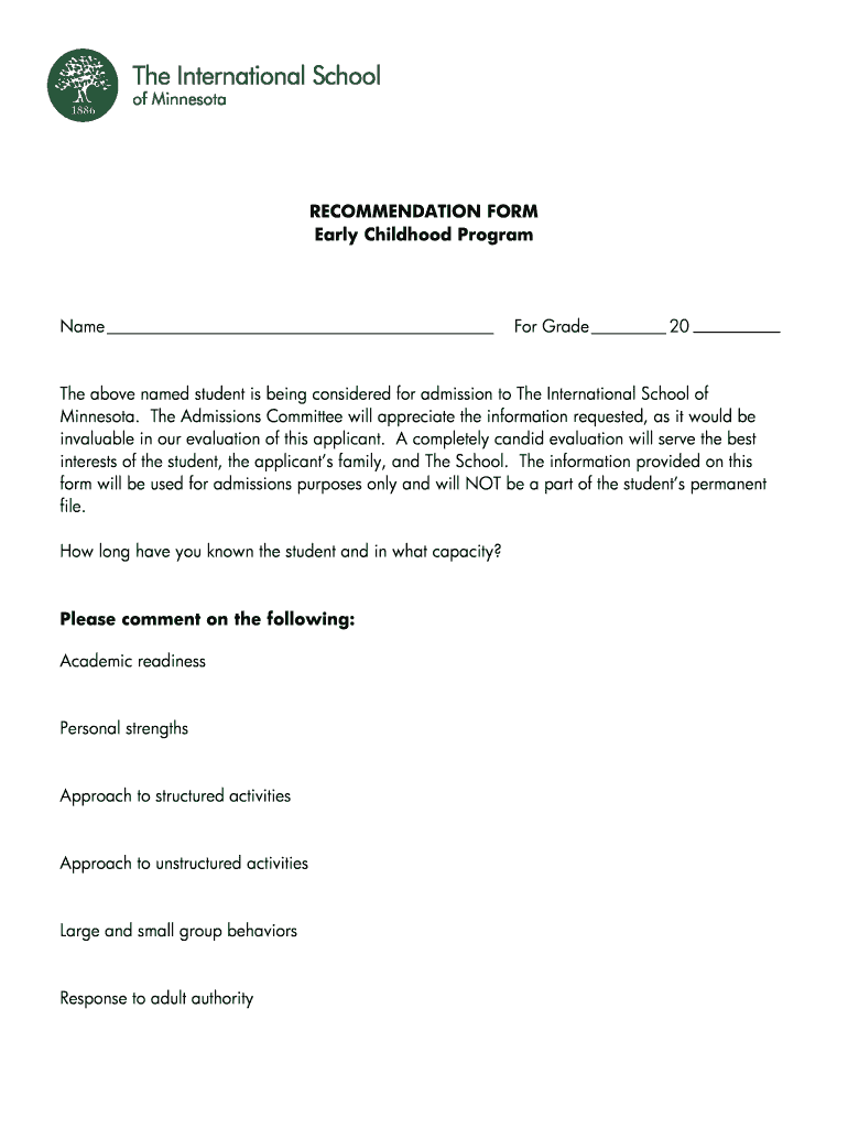 Fillable Online RECOMMENDATION FORM Early Childhood Program Name For ...
