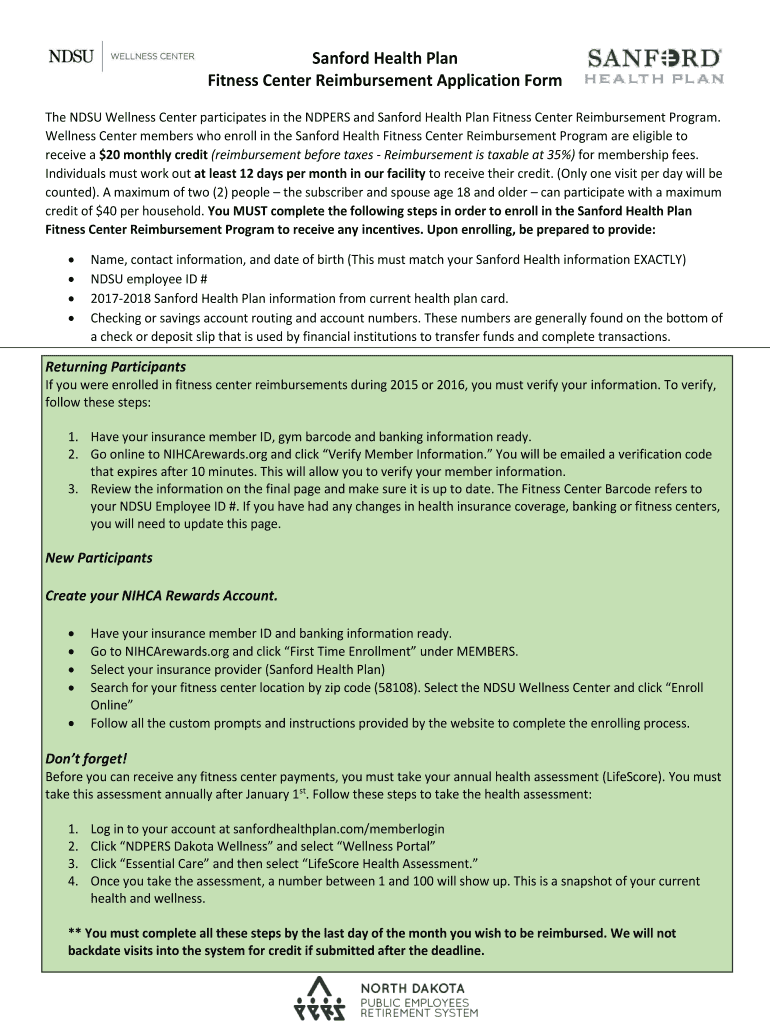 Fillable Online Sanford Health Plan Fitness Center Reimbursement Application Form Fax Email ...