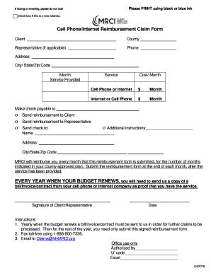 Fillable Online Cell Phone/Internet Reimbursement Claim Form Fax Email ...