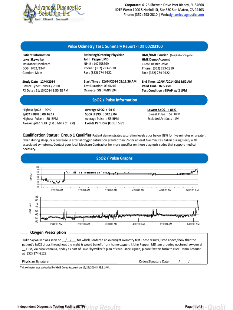 Fillable Online Oxygen Prescription Pulse Oximetry Test: Summary Report ...
