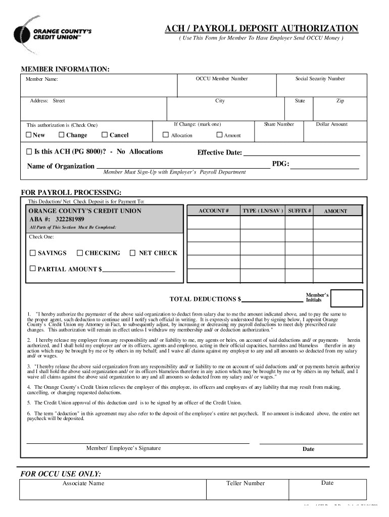 Fillable Online ACH/Payroll Deposit Authorization - Orange County's ...
