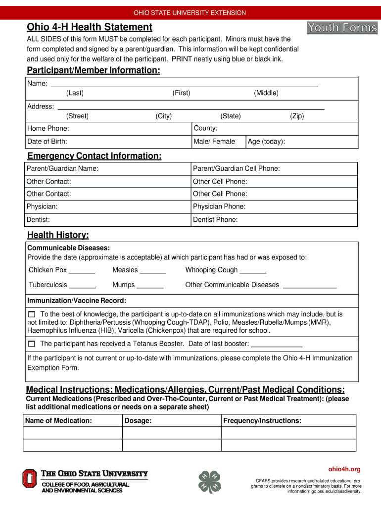Fillable Online brown osu Ohio 4-H Health Statement Fill Online ...