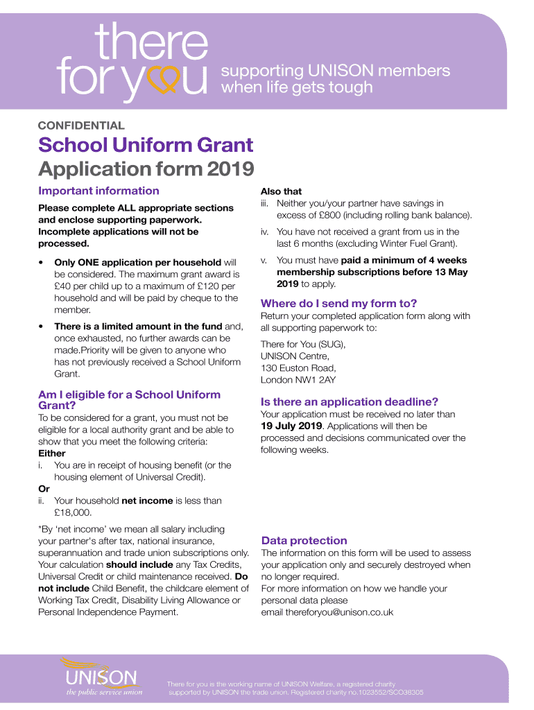 Fillable Online CONFIDENTIAL School Uniform Grant Application form 2019 Fax Email Print - pdfFiller