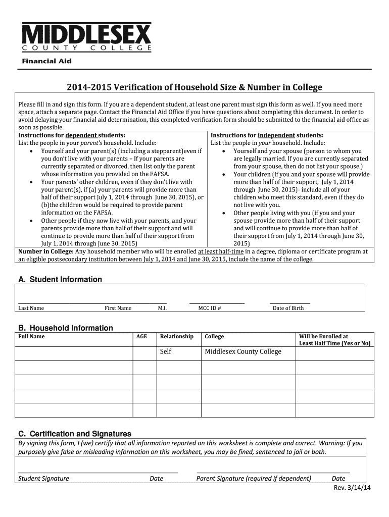 Fillable Online 2014-2015 Verification of Household Size & Number in College Fax Email Print ...