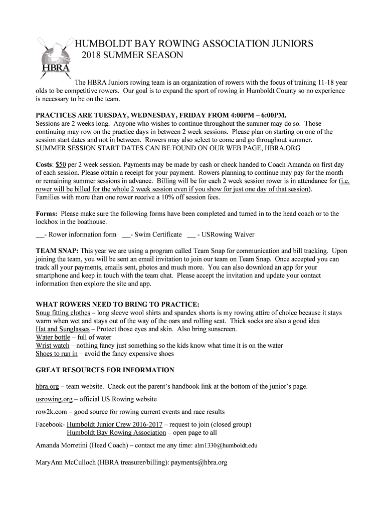 Fillable Online JUNIORS Humboldt Bay Rowing Association Fax Email Print ...