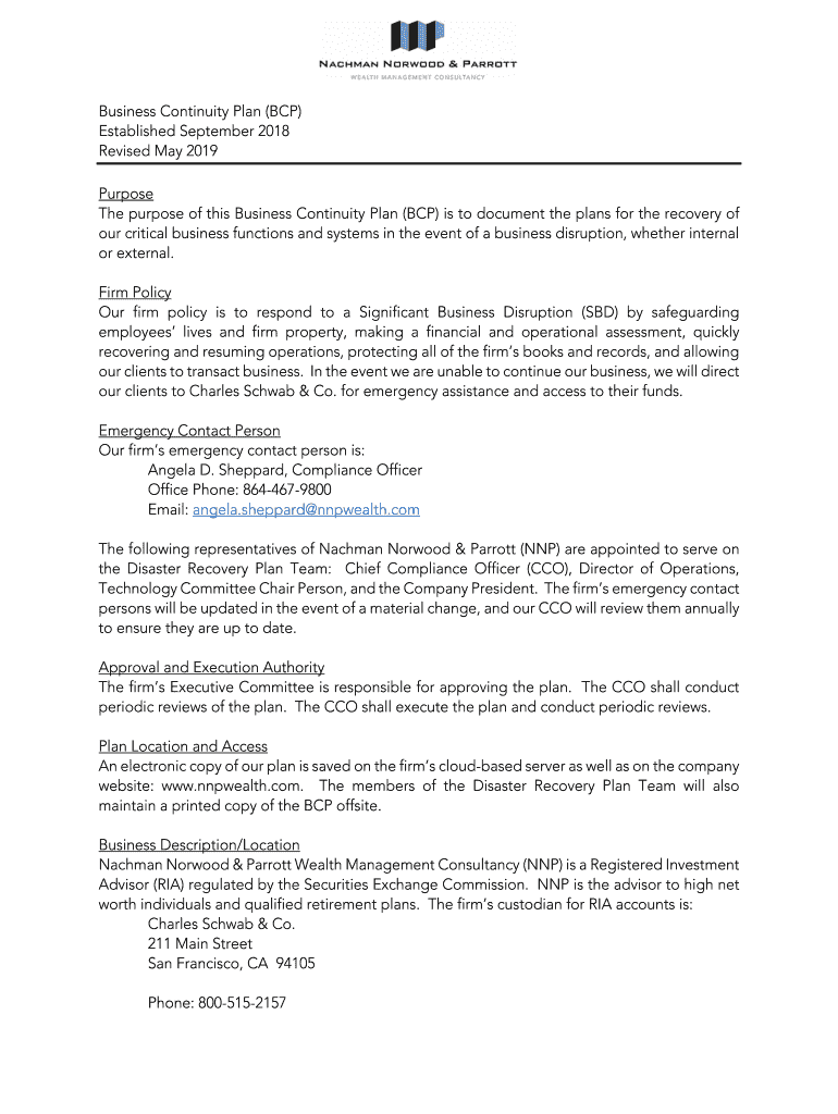 Fillable Online Business Continuity Plan - Nachman Norwood & Parrott ...