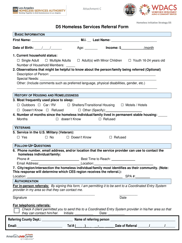 Fillable Online workforce lacounty D5 Homeless Services Referral Form ...