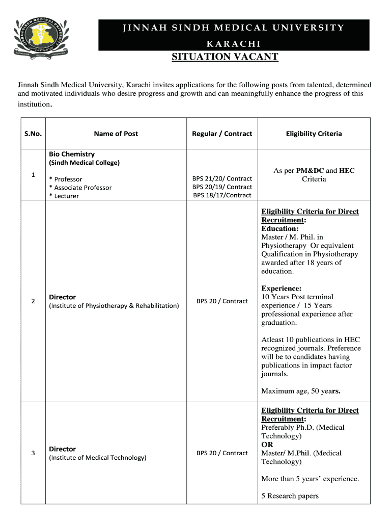 Fillable Online JINNAH SINDH MEDICAL UNIVERSITY KARACHI SITUATION Fax ...