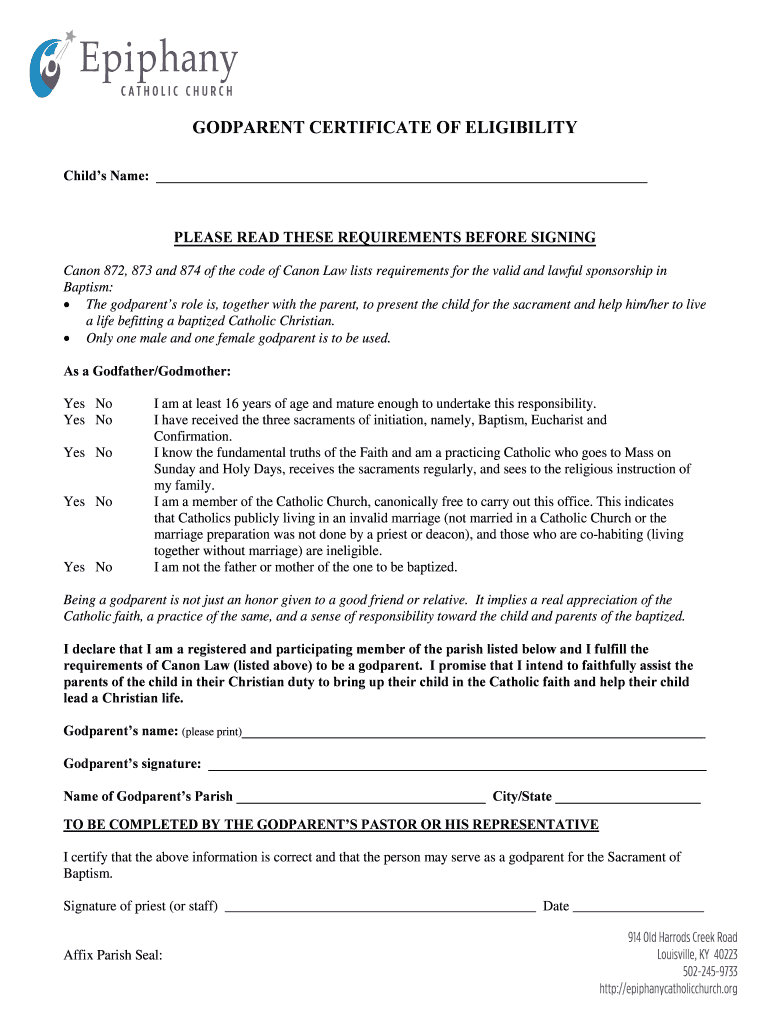 Fillable Online sponsor/godparent certificate of eligibility - Holy ...