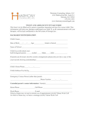 Fillable Online Adolescent Intake Form - Marriage Counseling & Therapy ...