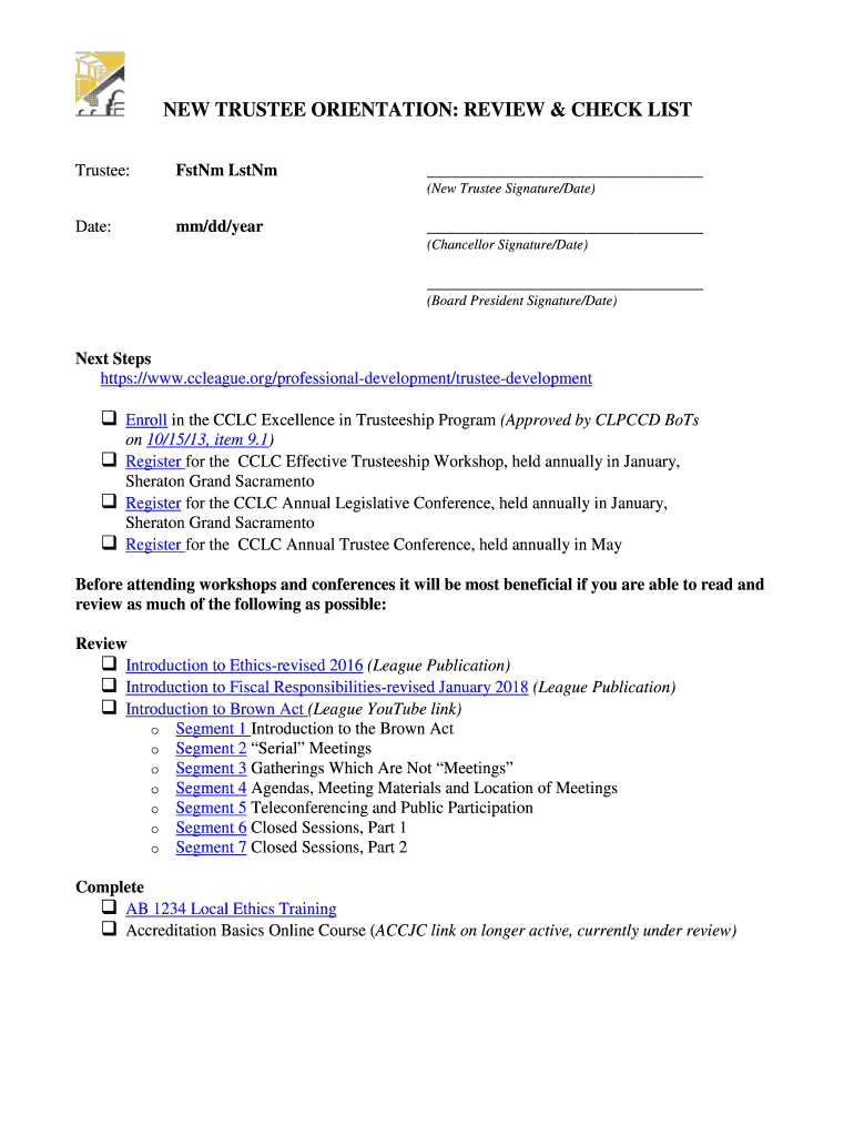 Fillable Online NEW TRUSTEE ORIENTATION: REVIEW & CHECK LIST Fax Email ...