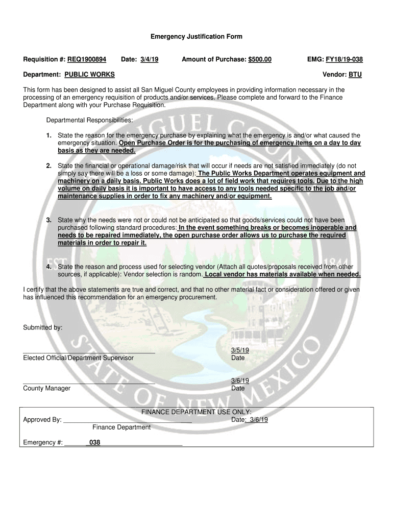 Fillable Online Emergency Justification Form Requisition #: REQ1900894 ...