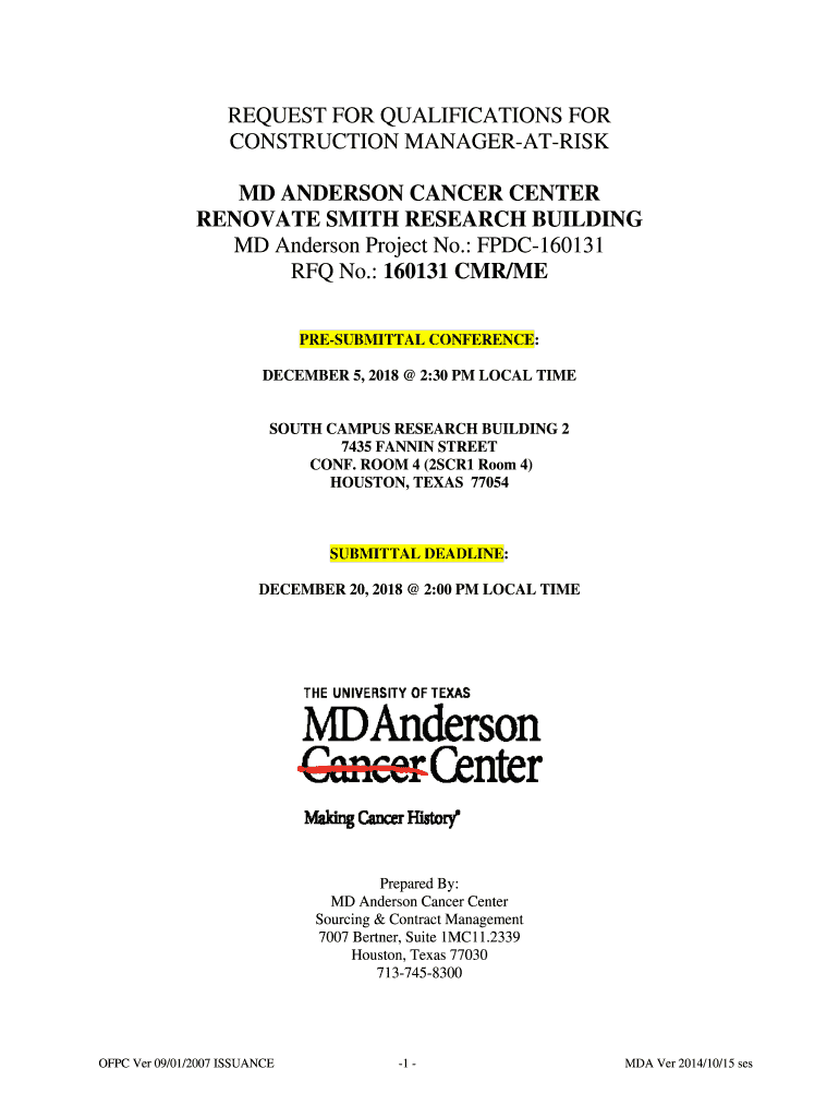 Fillable Online REQUEST FOR QUALIFICATIONS FOR ... - MD Anderson Fax ...