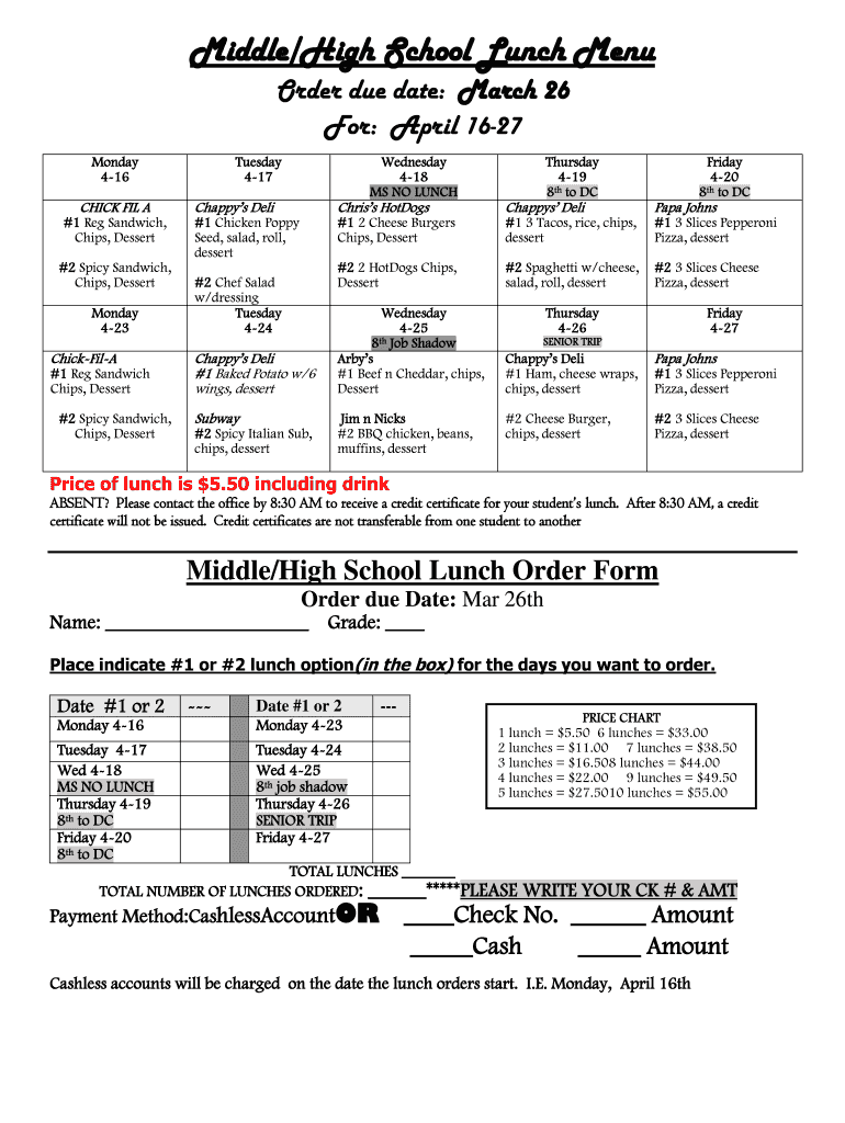 Fillable Online Middle/High School Lunch Menu - montgomerycatholic.org ...