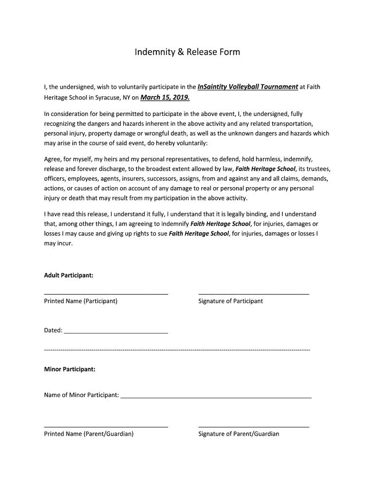Fillable Online Indemnity & Release Form Fax Email Print - pdfFiller