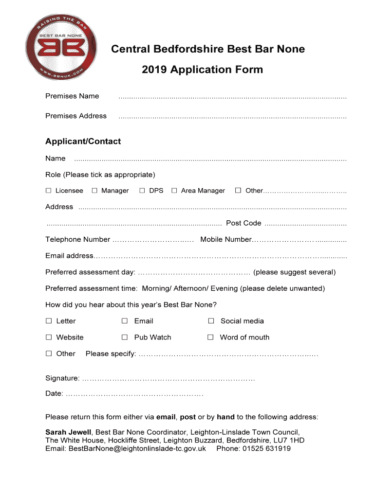 Fillable Online Central Bedfordshire Best Bar None 2019 Application Form Fax Email Print - pdfFiller
