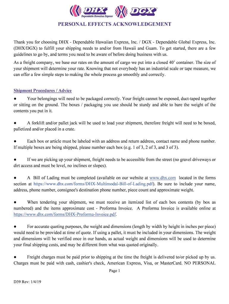 Fillable Online D39 DHX PERSONAL EFFECTS ACKNOWLEDGEMENT 010419 .docx ...