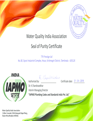 Fillable Online Water Quality India Association Seal of Purity Certificate Fax Email Print ...