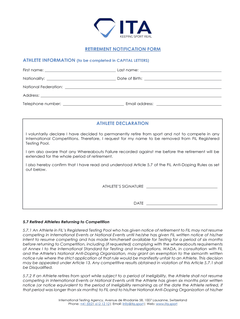 Fillable Online retirement notification form athlete declaration - fil-luge.org Fax Email Print ...
